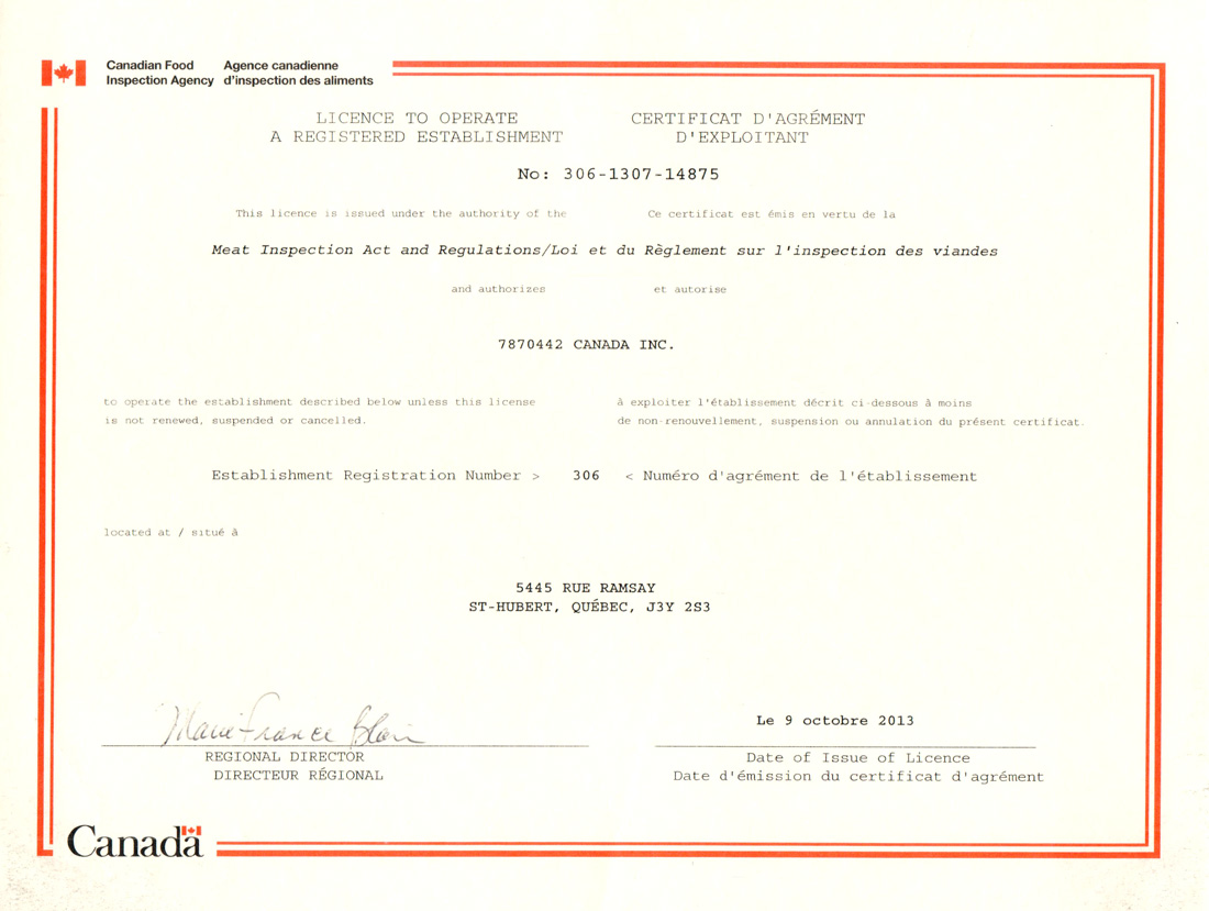 Les Aliments Supreme | Certifications